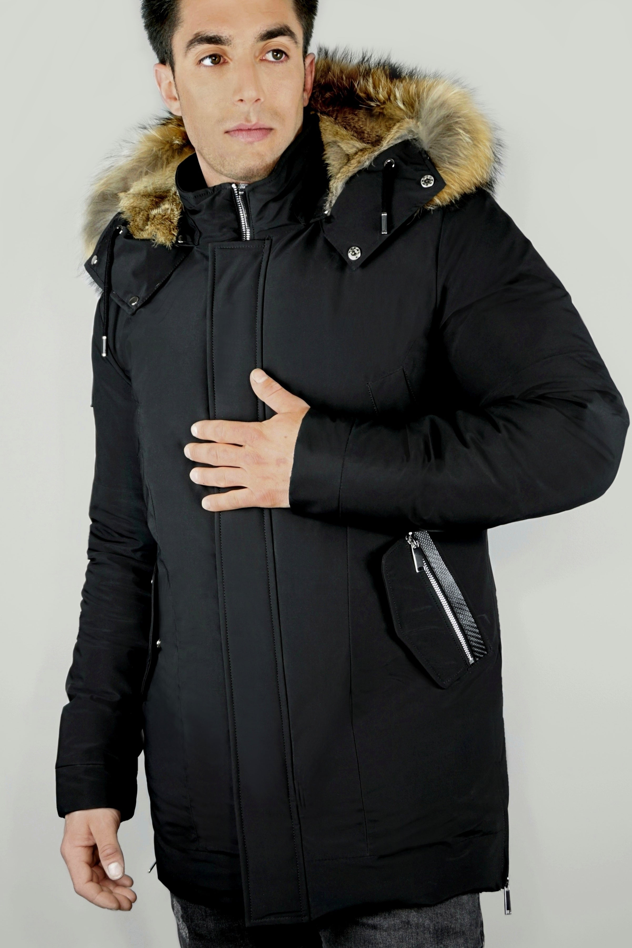LUXUS Black & Beige Classic Men's Down Parka with Removable Fur Hood ...
